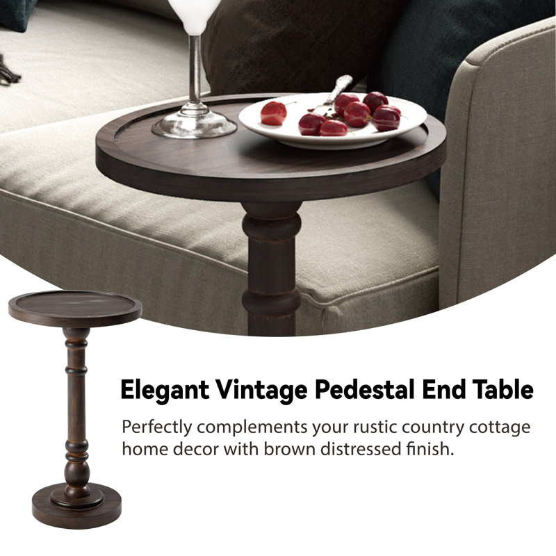 COZAYH STKT Pedestal Small Drinking Table, Farmhouse Round Tray Top End Table, Distressed Brown ...